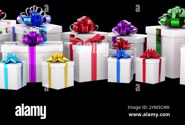 Row from Gift Boxes with colored bows and ribbons animation, seamlessly ...