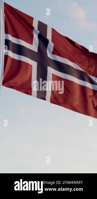 Norway Oslo Flag Vertical Cinematic Realistic Waving Dolly Out Blue Sky ...