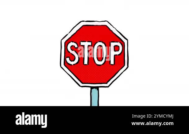 Stop sign raised to upright position on white and green background. 2d ...