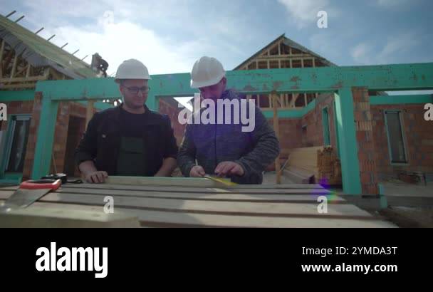 Builders working on precise measurements, construction site, collaborative residential project ...