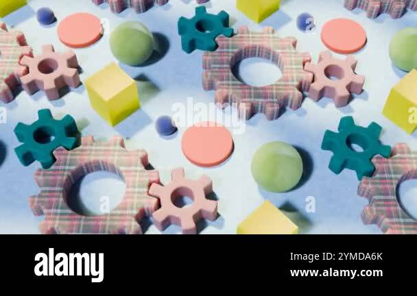3D rendering of colorful gear mechanism rotating seamlessly with ...