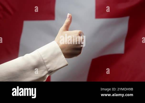 Woman Makes Hand Sign Like, Thumb Up Gesture on swiss flag background ...