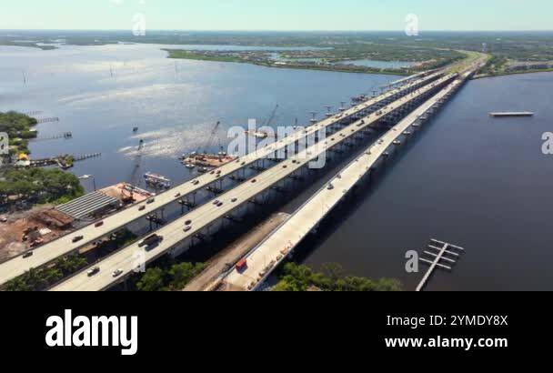 Roadworks construction site on American highway bridge. Expanding ...