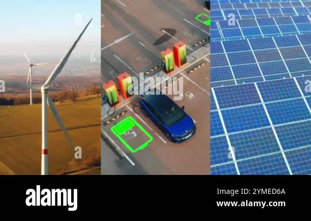 Collage of wind turbines, charging EV with animated battery on the road ...