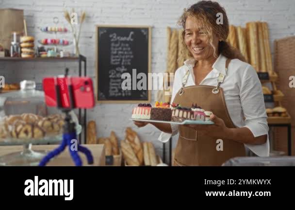 Latin woman filming a video in a bakery shop holding a colorful cake in ...
