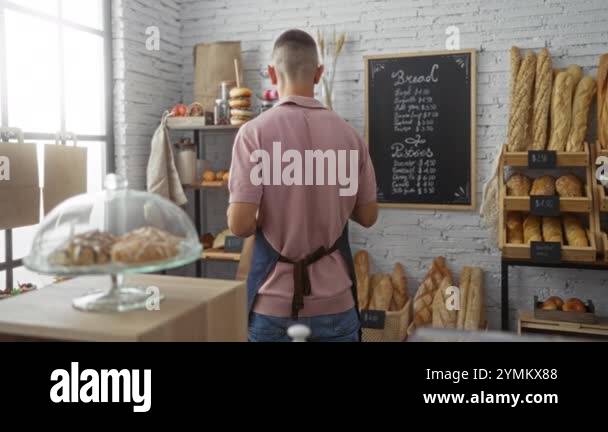 Young man working in a bakery preparing a paper bag with fresh bread and pastries, standing ...