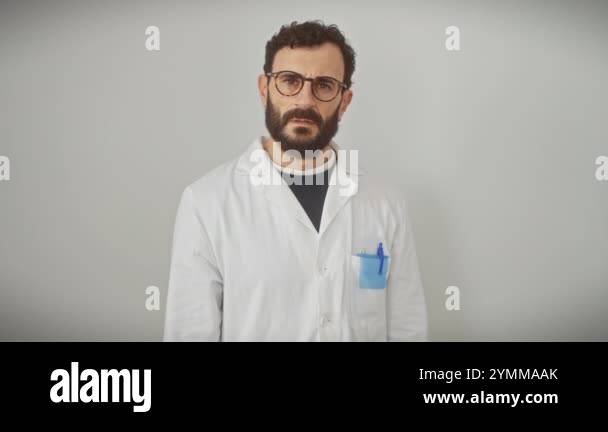 Intense look from a serious, middle age man in scientist uniform ...