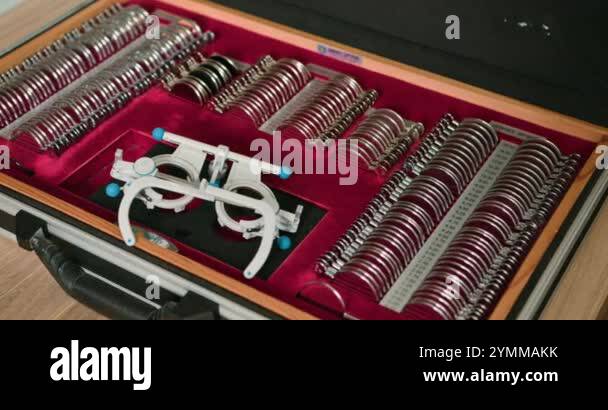 Optometrists trial frame and lens kit in a case. Close up of optometry ...