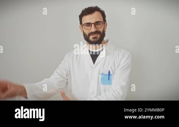 Confident middle age man, donning a scientist uniform, flashes a ...