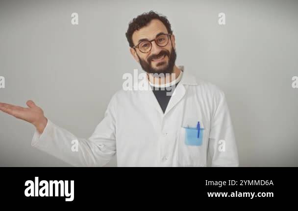 Smiling middle age man in scientist uniform, playfully pointing and ...