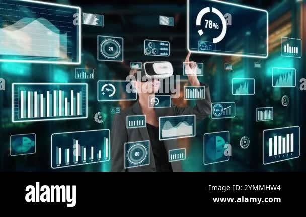 Woman selecting big data dynamic market percentage analysis graph by VR ...