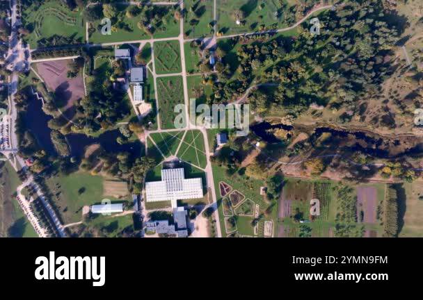 An aerial view captures a botanical garden's geometric landscape ...