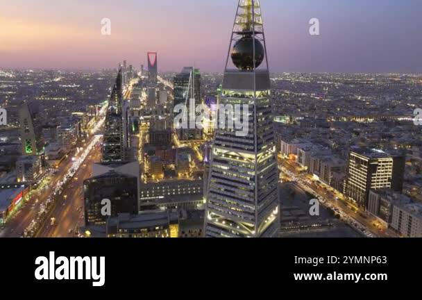 Al Faisaliah Tower pyramid-shaped commercial skyscraper. Riyadh. Drone ...