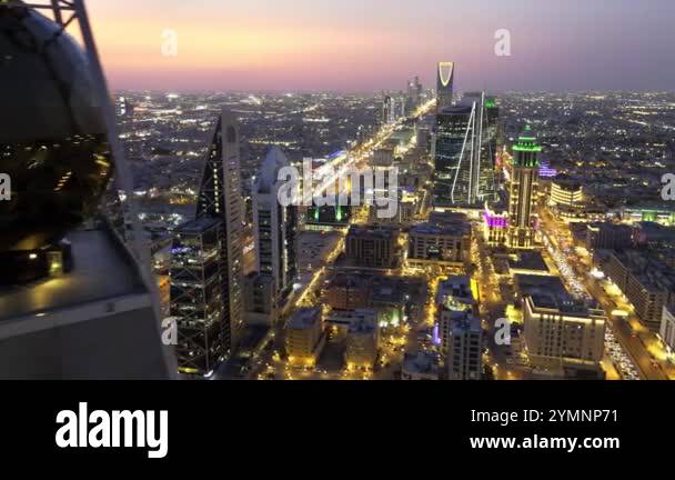 Al Faisaliah Tower pyramid-shaped commercial skyscraper. Riyadh. Drone ...