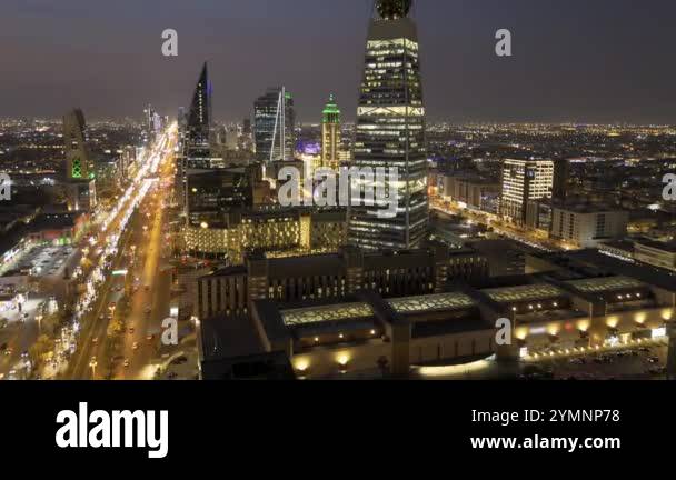 Al Faisaliah Tower pyramid-shaped commercial skyscraper. Riyadh. Drone ...