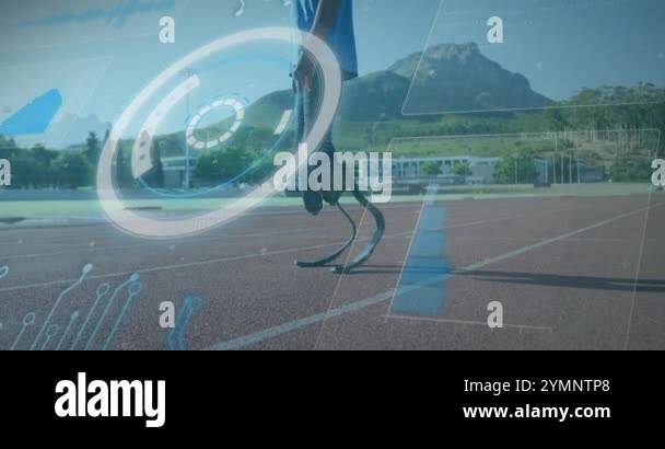 Digital interface animation over athlete running on track with ...