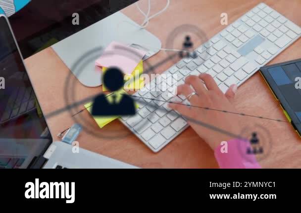 Typing on keyboard, person working with network connections animation over desk. Technology ...