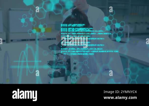 Working with microscope, scientists analyzing data and molecular structures animation. Research ...