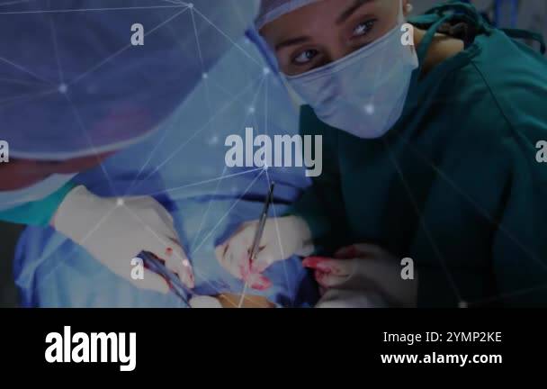 Surgeons performing operation with network connections animation over ...