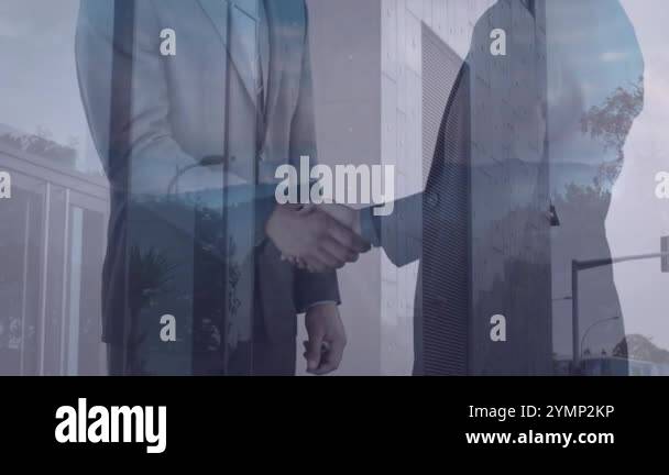 Shaking hands, business people in front of modern building animation ...