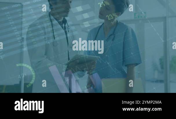 Discussing in hospital, doctors with medical data charts animation in ...