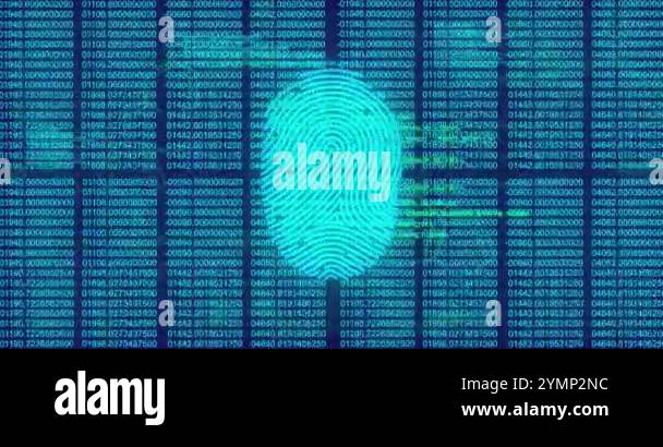 Fingerprint scanning animation over digital binary code background. Biometrics, technology ...