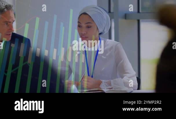 Presenting financial data chart animation over businesswoman in meeting ...