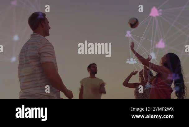 Raising hands and smiling, group of friends with network connections ...