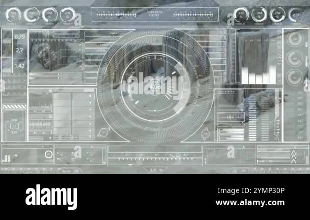 Futuristic data interface animation over urban street scene with people ...