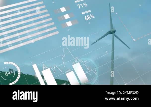 Graphs and pie charts animation over wind turbine and landscape ...