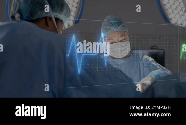Surgeons performing operation with heart rate animation over medical ...