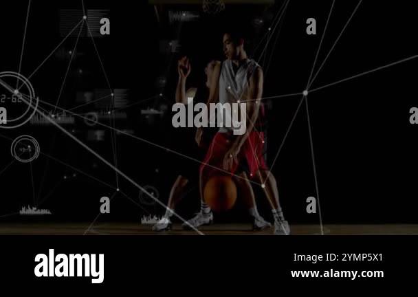Playing basketball, athletes in action with data visualization ...
