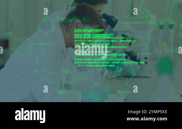 Processing data and chemical formulas animation over scientists working in laboratory. Science ...