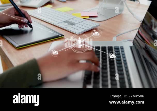 Typing on laptop keyboard, network connections animation over office ...