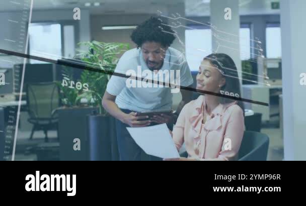 Analyzing financial data animation over business professionals discussing documents in office ...