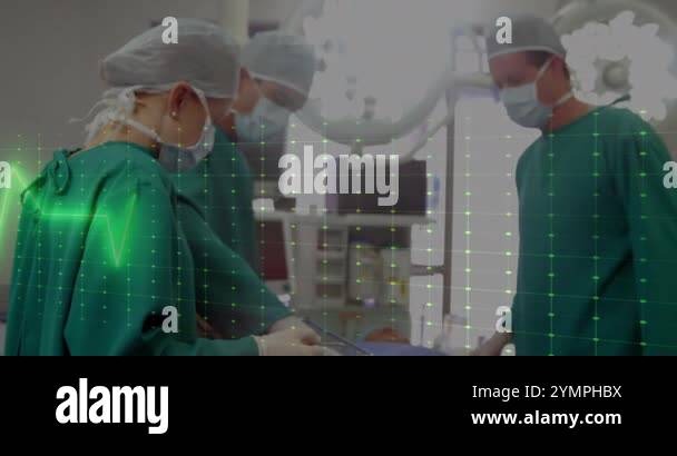 Medical team performing surgery with heartbeat animation over them ...
