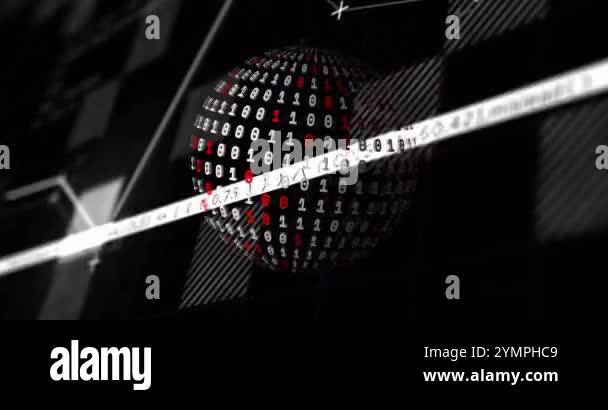 Binary Code Sphere And Data Processing Animation Over Black Background With Graphs Technology