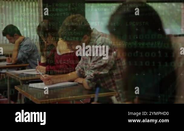 Programming code animation over students writing in classroom ...