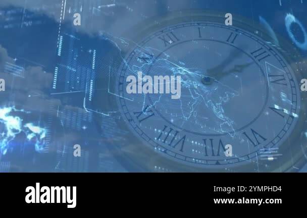 Analyzing system text animation over world map and clock interface. Technology, digital, global ...