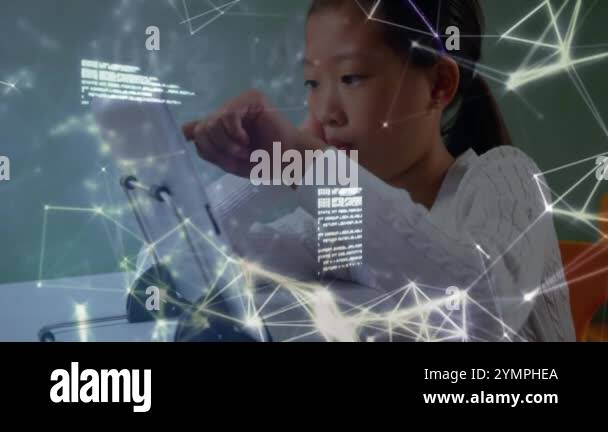 Reading book, woman with code and network connections animation over ...