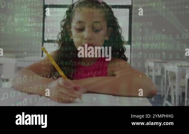 Smiling Girl Holding Pencil With Coding Animation Over Classroom Background Education
