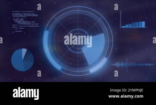 Radar scanning animation with data charts and graphs on grid background. Technology, analytics ...