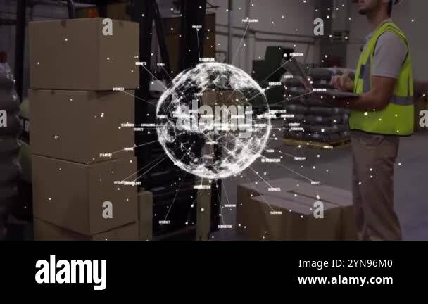 Global network and technology animation over warehouse worker operating ...