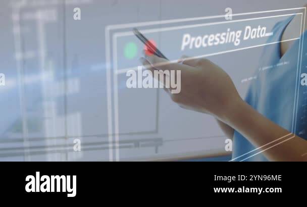 Processing data and loading animation over woman using smartphone ...