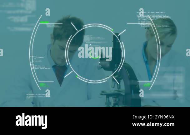 Scientists working with microscope, data analysis animation over laboratory scene. Science ...