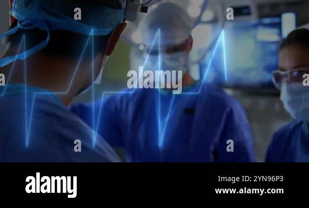 Medical team performing surgery with heartbeat animation over them ...