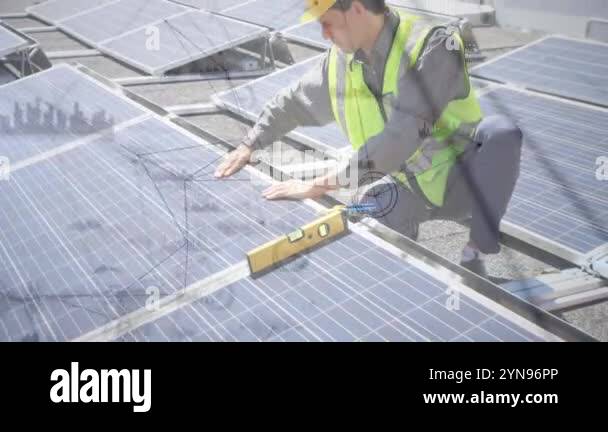 Engineer working on solar panels, overlaid with technical schematics ...