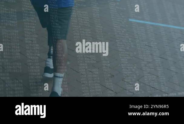 Walking person with prosthetic leg over data processing animation ...