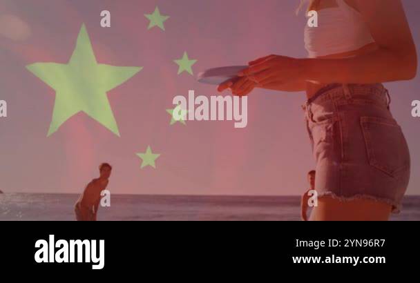 Enjoying beach activities, people with Chinese flag animation in ...