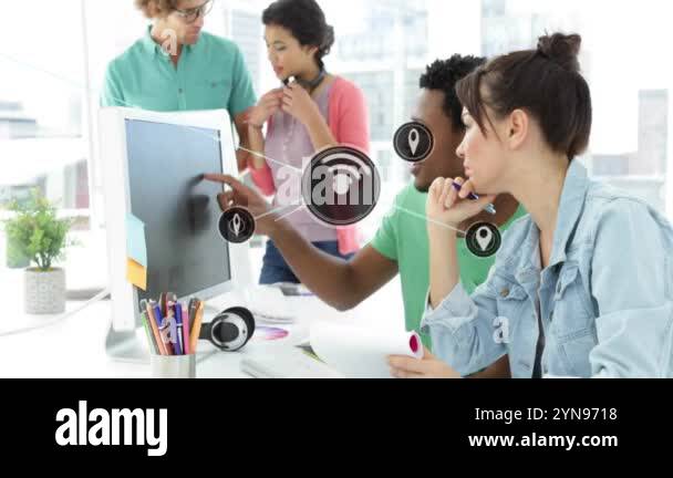 Network connectivity animation over diverse people collaborating in ...